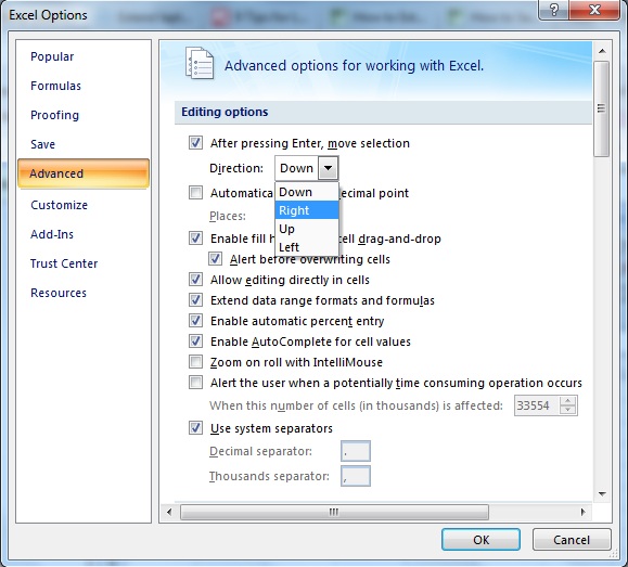 How To Change The Cursor Movement Direction In Excel